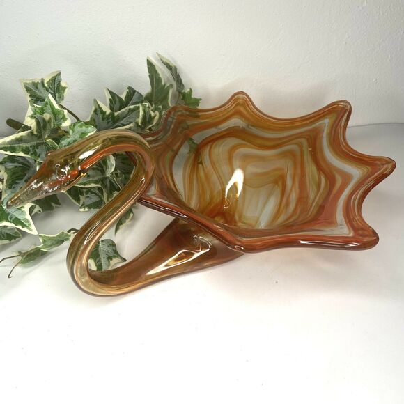Vintage | Accents | Vintage Mcm Hand Blown Art Glass Orange Swirl Swan ...